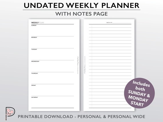 Undated Weekly Planner Printable 2 Page per Week WO2P Weekly - Etsy