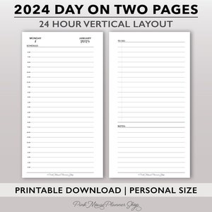 2024 Two Pages per Day Planner Printable Insert With 24 Hour Schedule ...