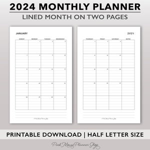 2024 Lined Monthly Printable Planner Inserts, Month on 2 Pages Calendar ...