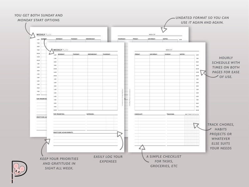 Weekly Planner Printable, Hourly Planner Insert, 2 Page Vertical Weekly ...