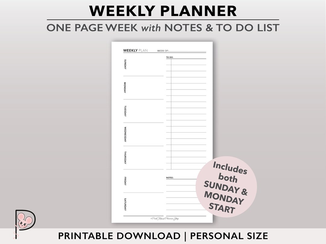 Weekly Planner Insert, Week on One Page, Printable Planner Page ...