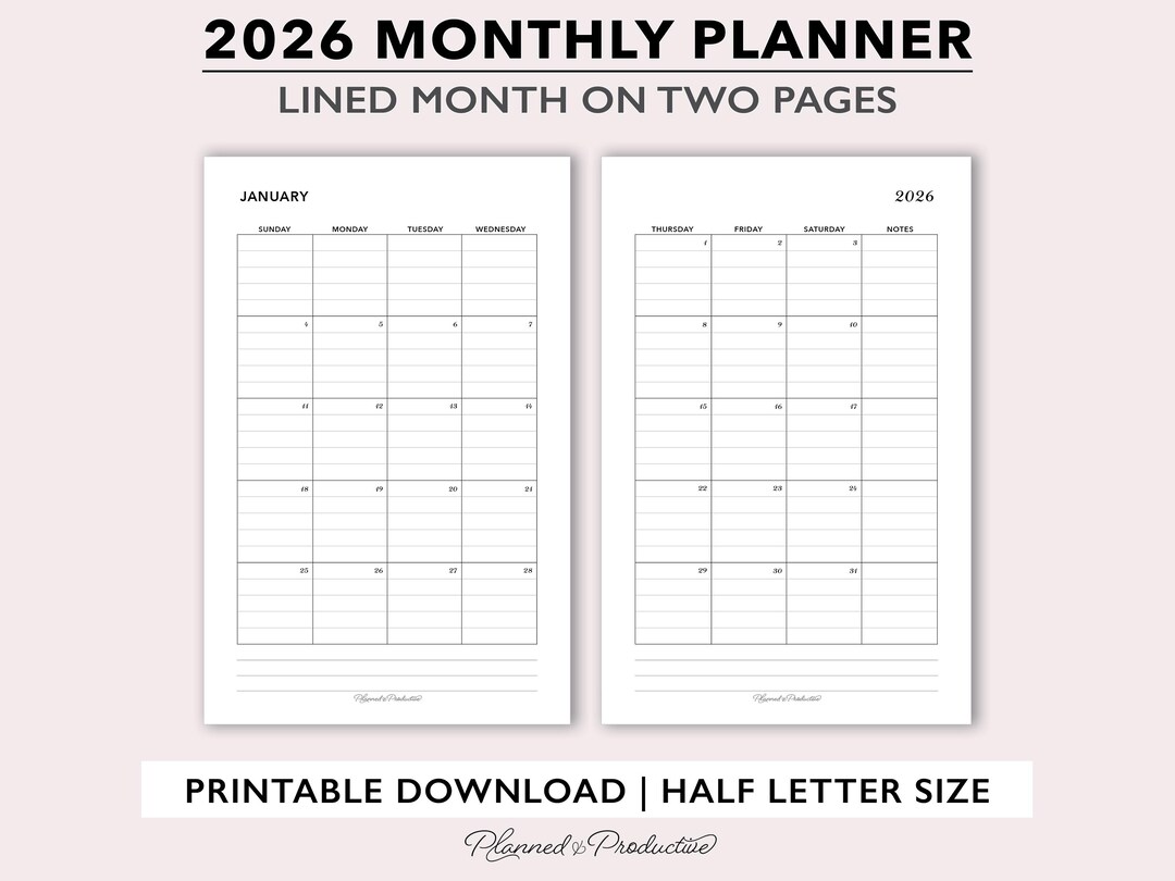 2026 Lined Monthly Printable Planner Inserts, Month on 2 Pages Calendar ...
