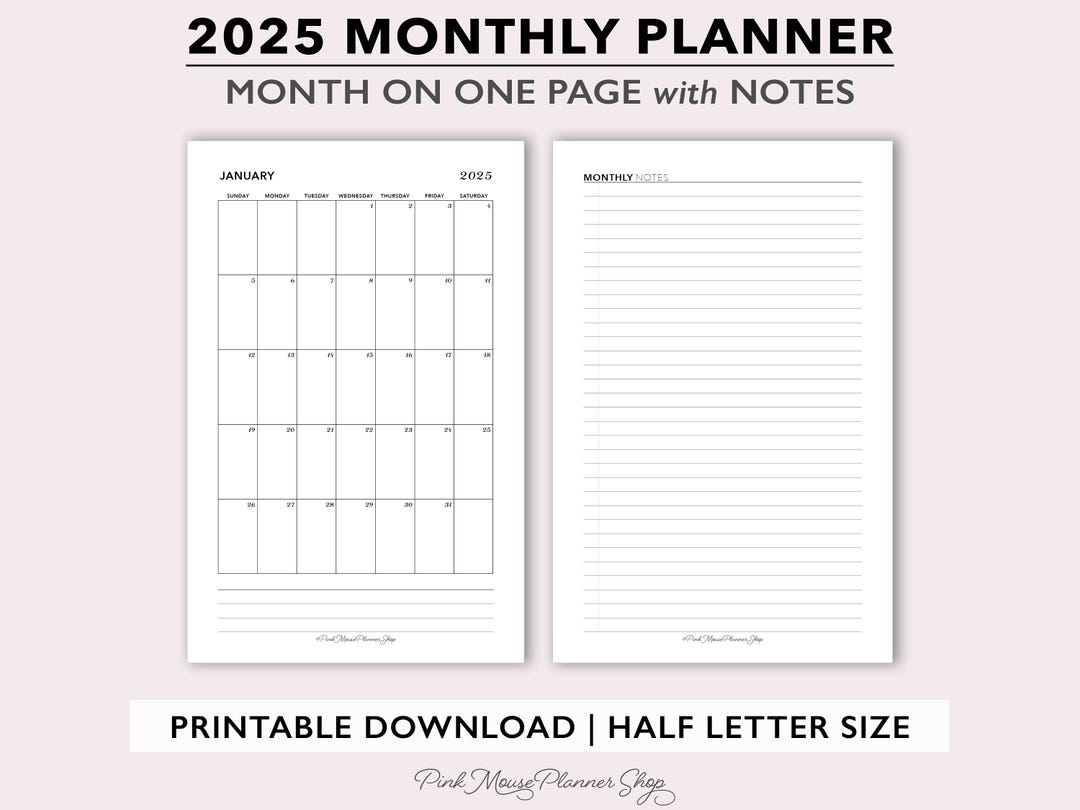 2025 Monthly Printable Planner Inserts, Month on One Page With Notes ...