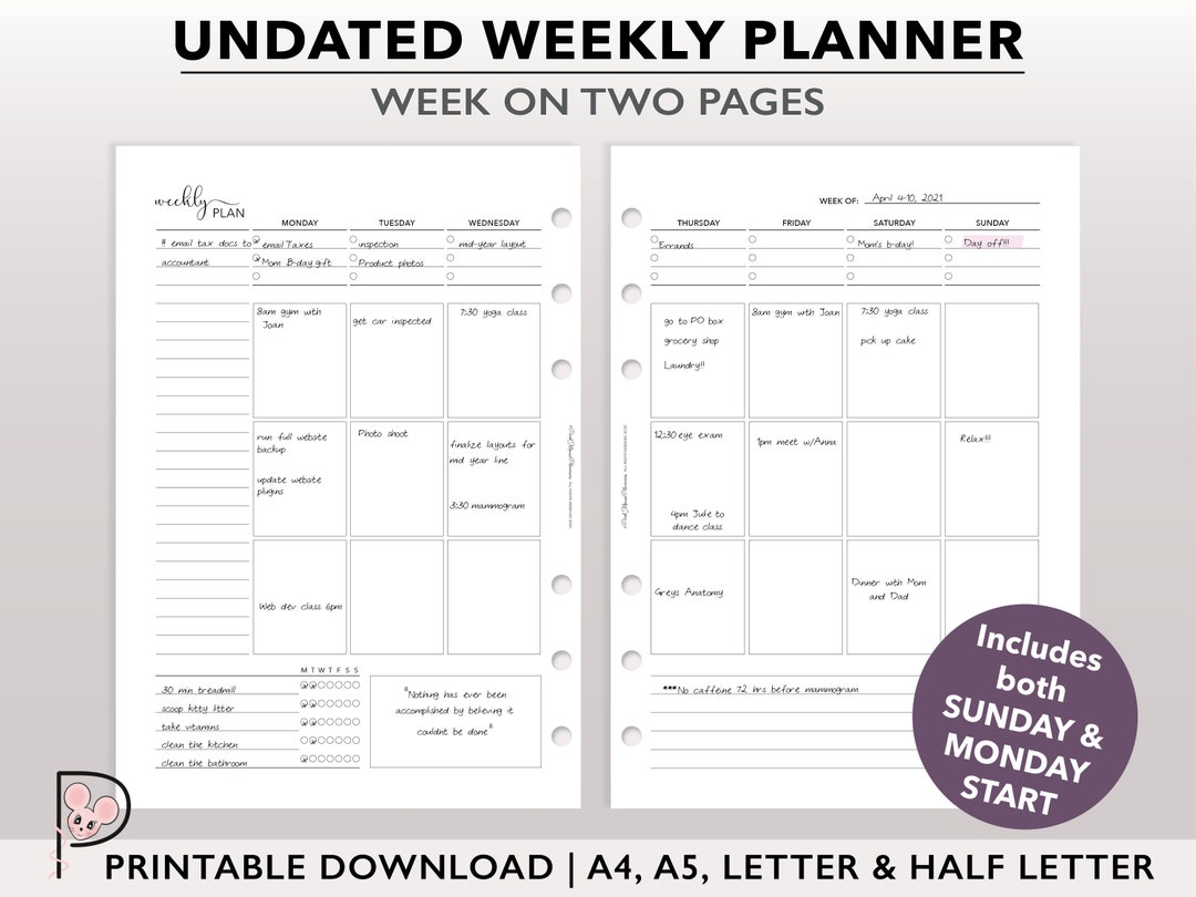 Undated Weekly Planner Printable Vertical Week on 2 Page - Etsy