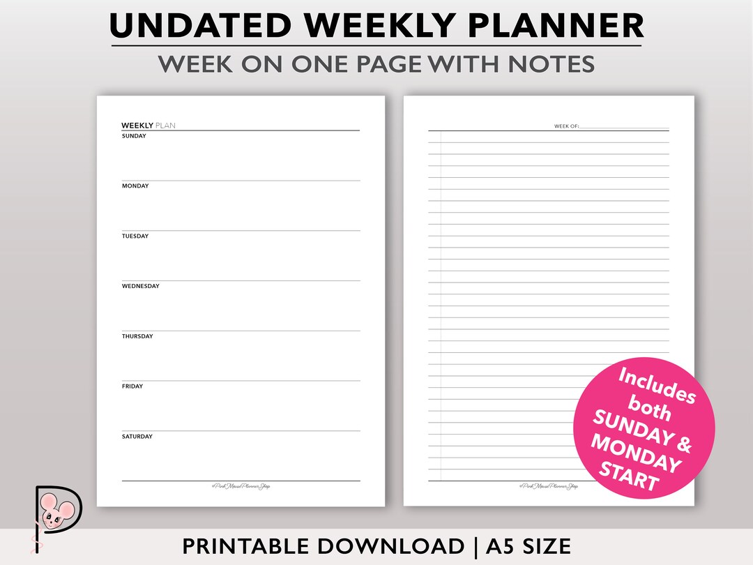 Undated Weekly Planner Printable, 2 Page per Week, WO2P Weekly ...