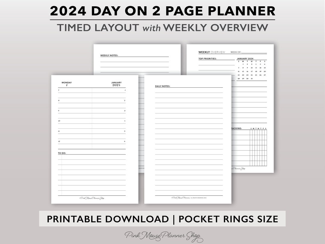 2024 Two Page Daily Planner Printable W/ Weekly Overview, Hourly Timed ...