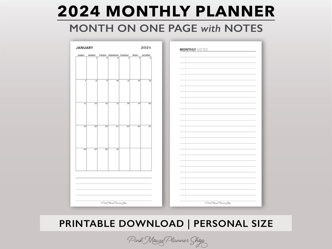 2024 Monthly Printable Planner Inserts, Month on One Page With Notes ...