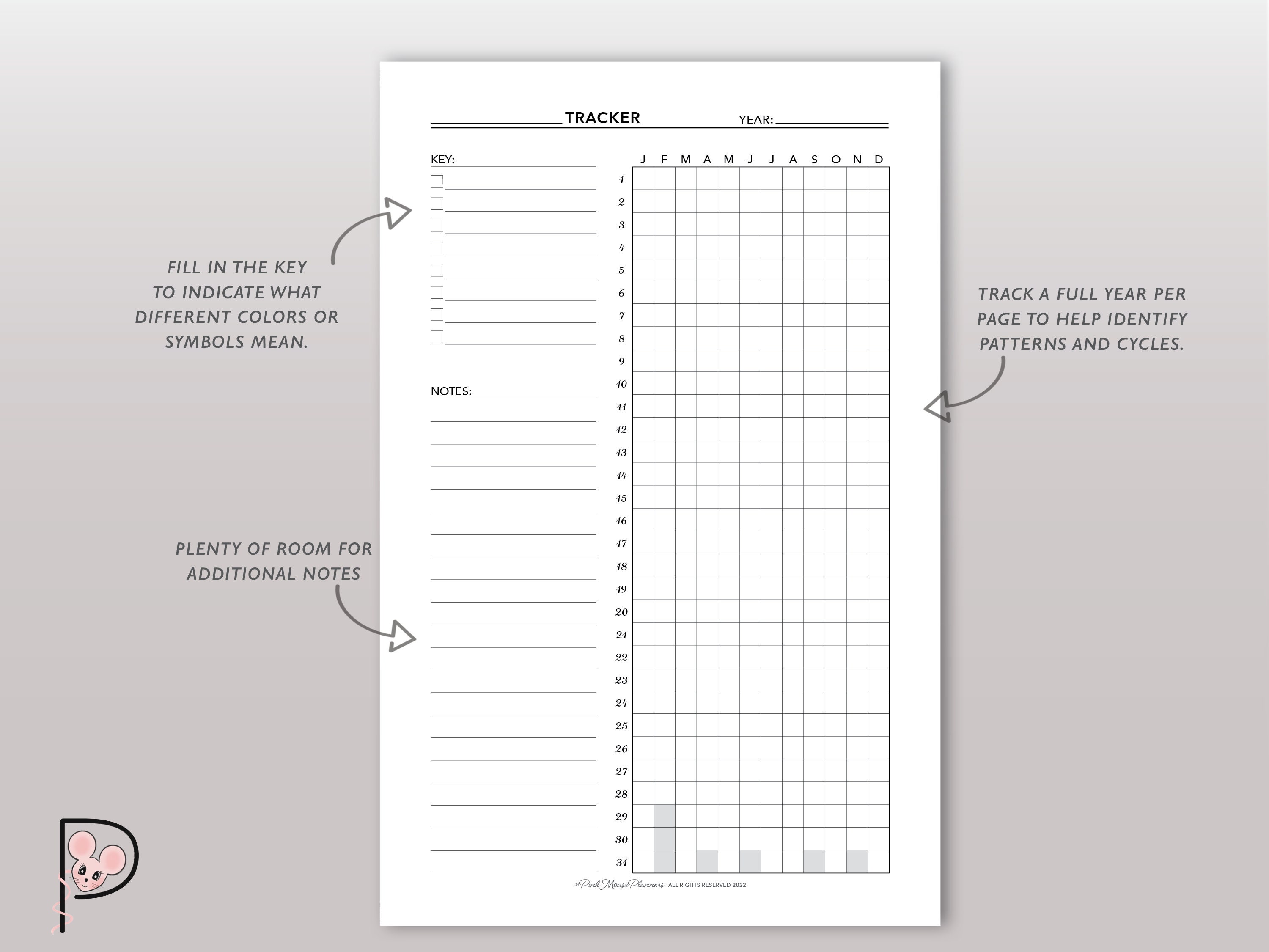 Vertical Yearly Tracker, Printable Planner Insert, Yearly Mood Tracker ...