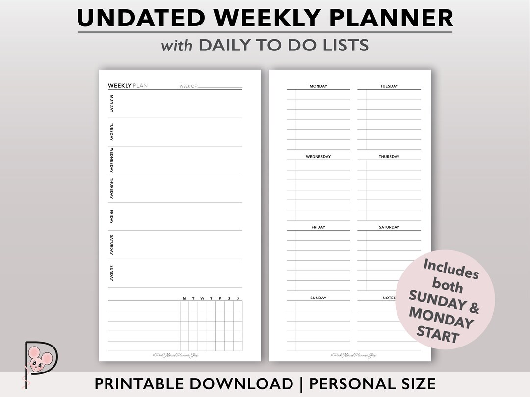 Undated Weekly Planner Printable, Daily to Do List, 2 Page per Week ...