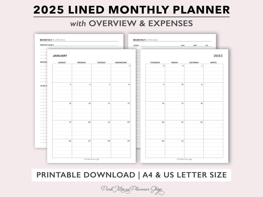 2025 Lined Monthly Printable Planner Inserts, Month on 2 Pages W ...
