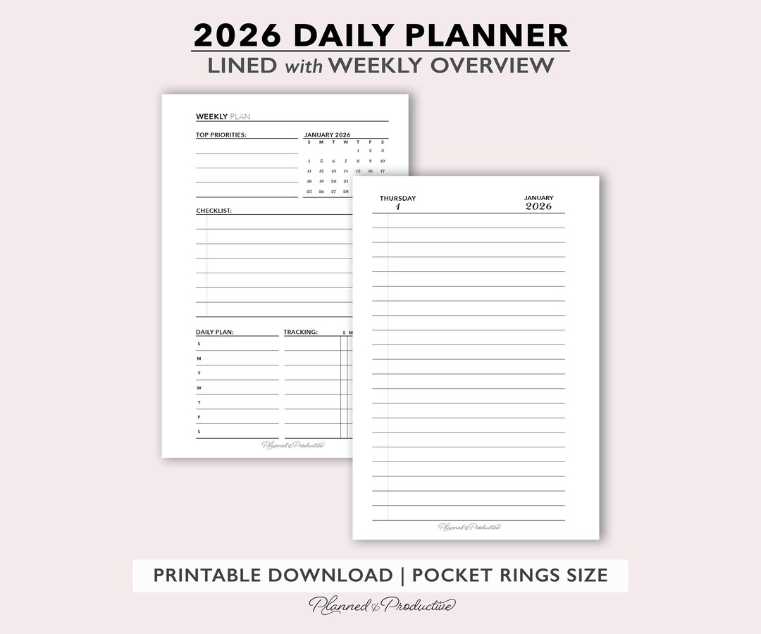 2026 Daily Planner Printable Inserts W/ Weekly Overview, Pocket Rings ...