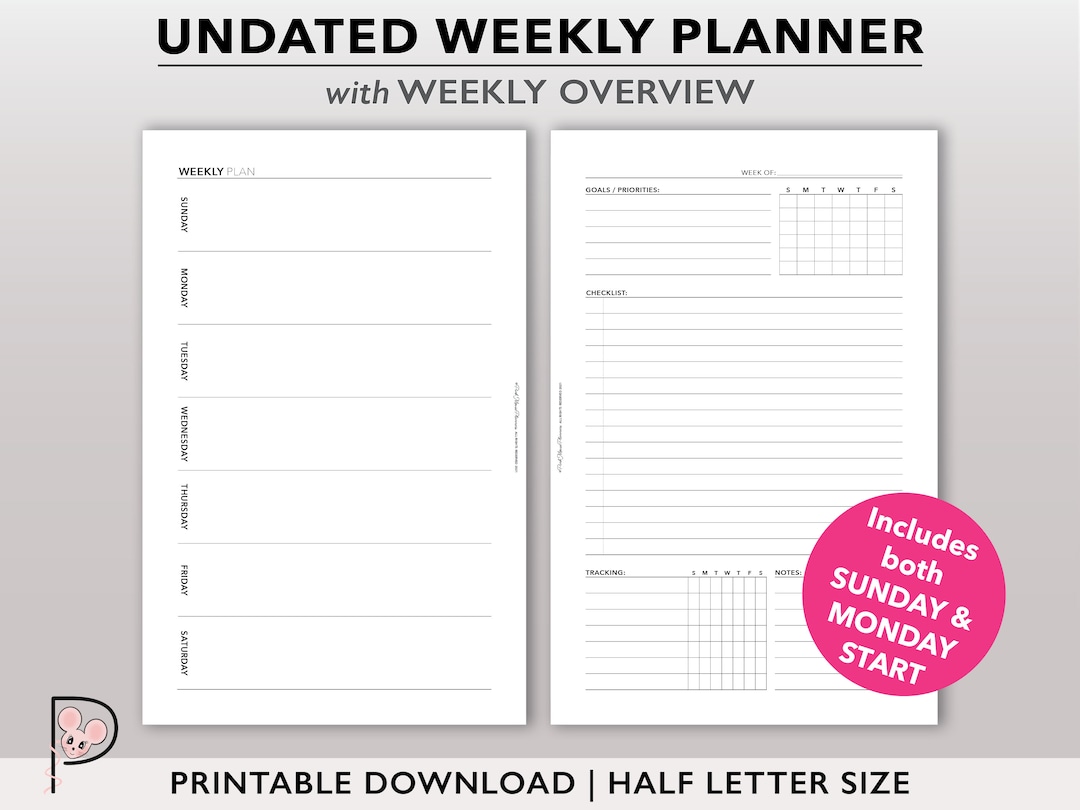 Weekly Planner Printable, Undated Weekly Insert, Weekly Agenda Refill ...