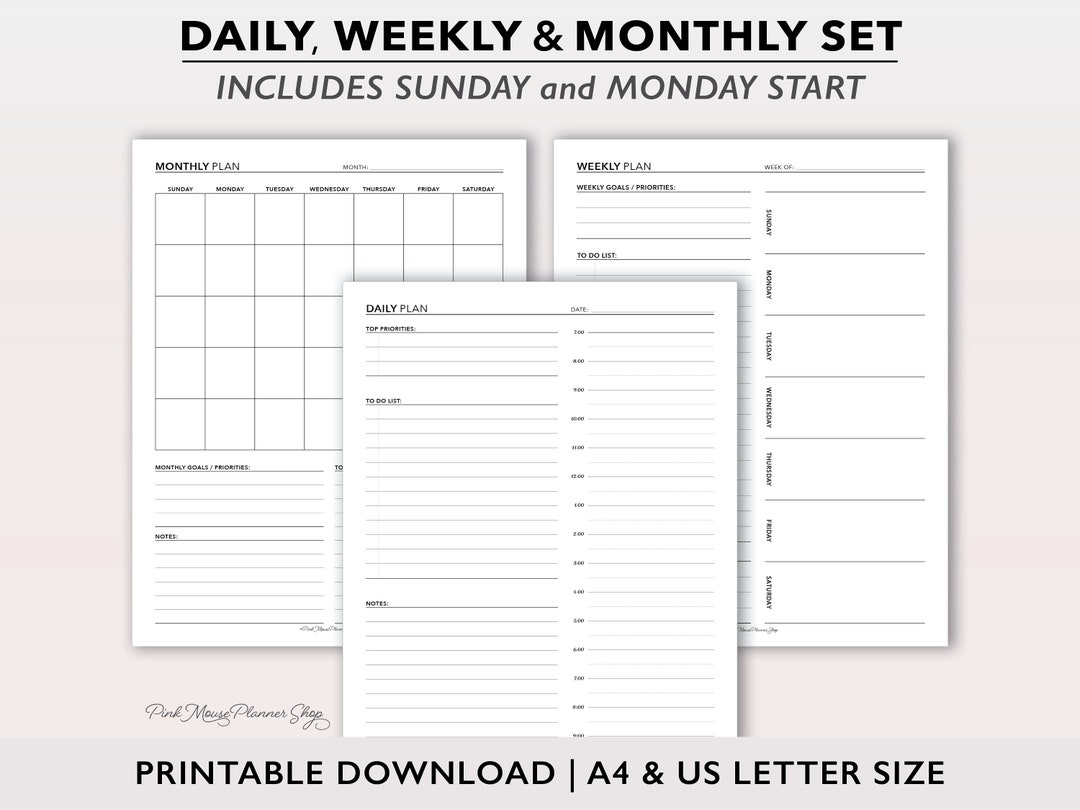 Daily Planner Insert, Weekly Planner Page, Undated Monthly Planner ...