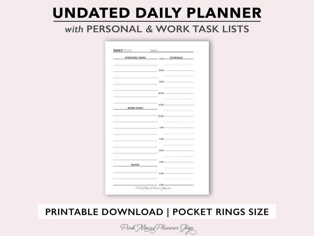 Daily Schedule With Work & Personal Task Lists, Day per Page Undated ...