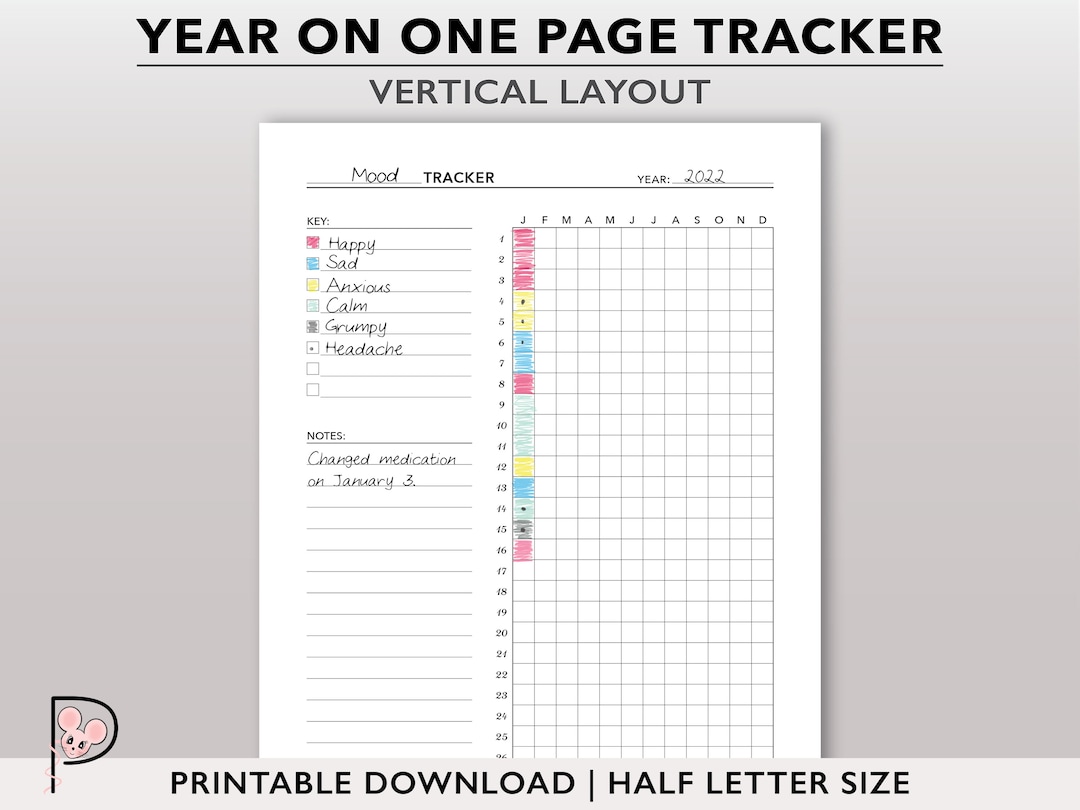 Vertical Yearly Tracker, Printable Planner Insert, Yearly Mood Tracker ...