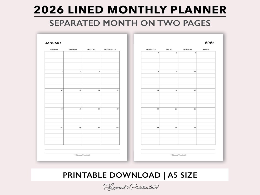 2026 Printable Lined Monthly Planner Inserts, Two Page Monthly Calendar ...