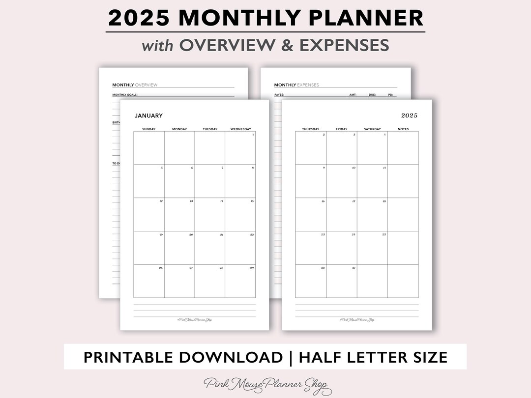 2025 Monthly Printable Planner Inserts, Month on 2 Pages W/ Overview ...