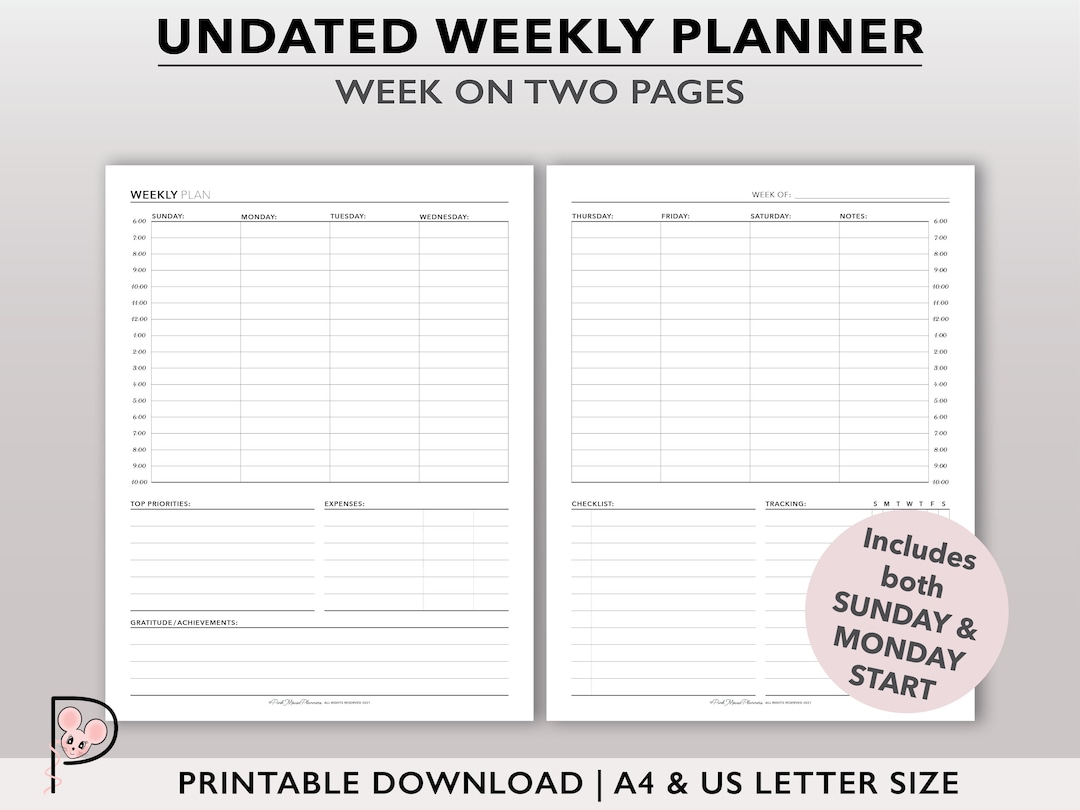 Weekly Planner Printable, Hourly Planner Insert, 2 Page Vertical Weekly ...