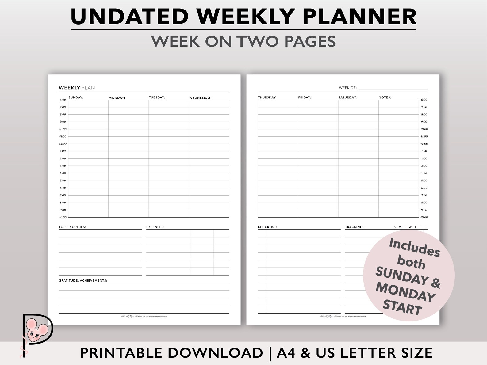 Weekly Planner Printable, Hourly Planner Insert, 2 Page Vertical Weekly ...