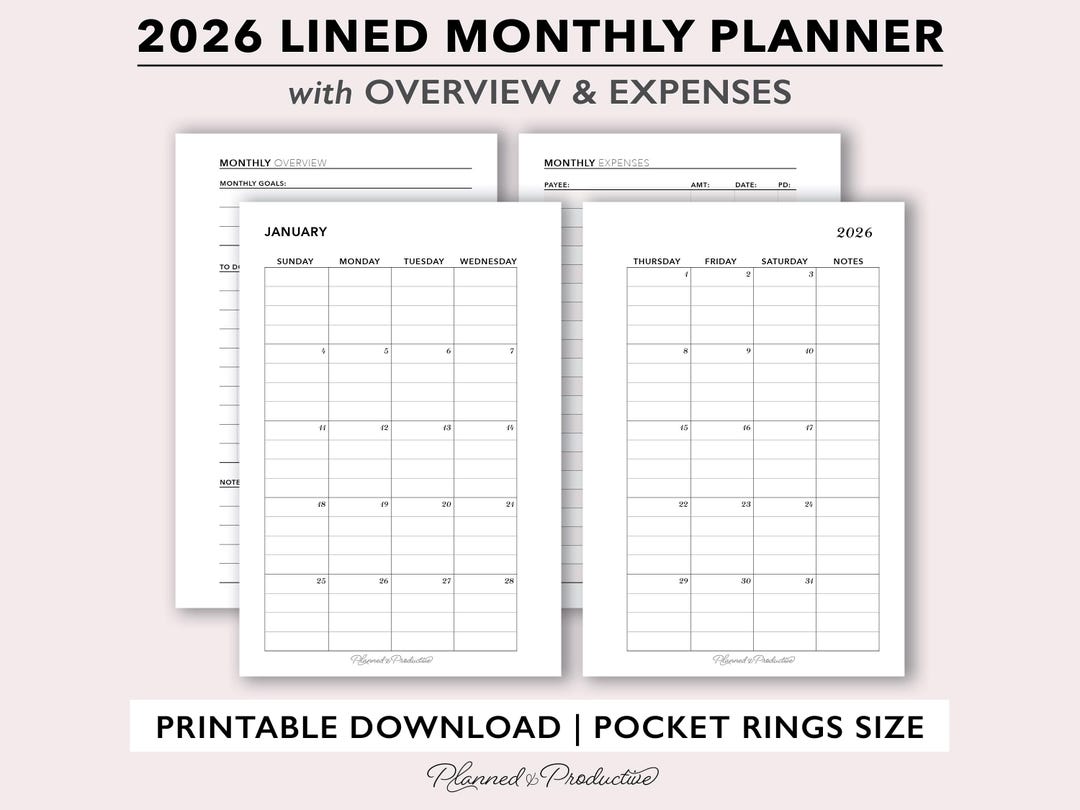 2026 Monthly Planner Printable, Lined Month on 2 Pages W/ Overview ...