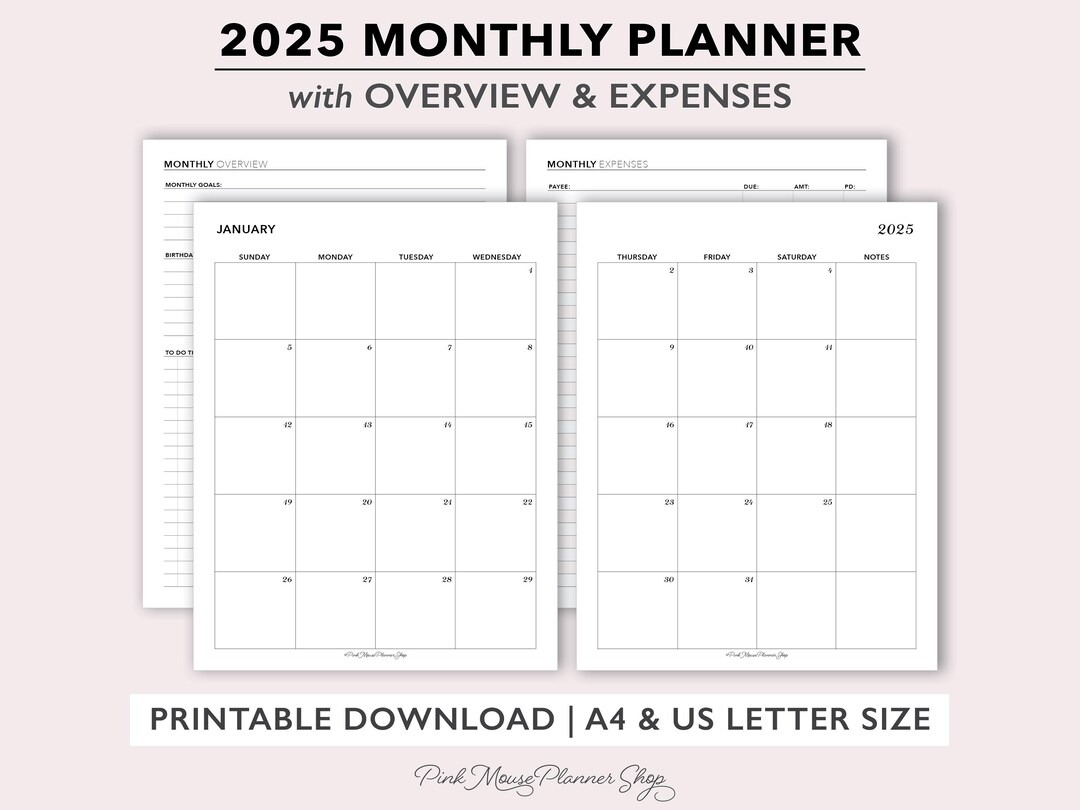 2025 Monthly Printable Planner Inserts, Month on 2 Pages W/ Overview ...