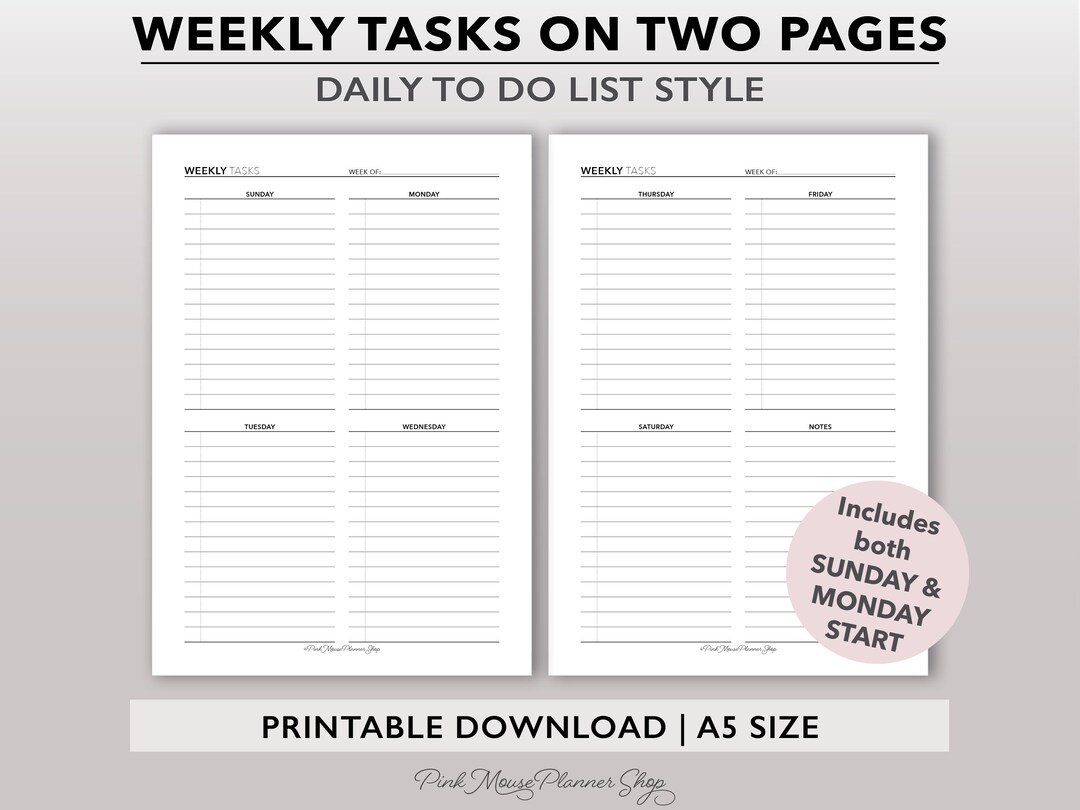 Printable Two Page Weekly to Do List, Weekly Tasks, Daily Checklist ...