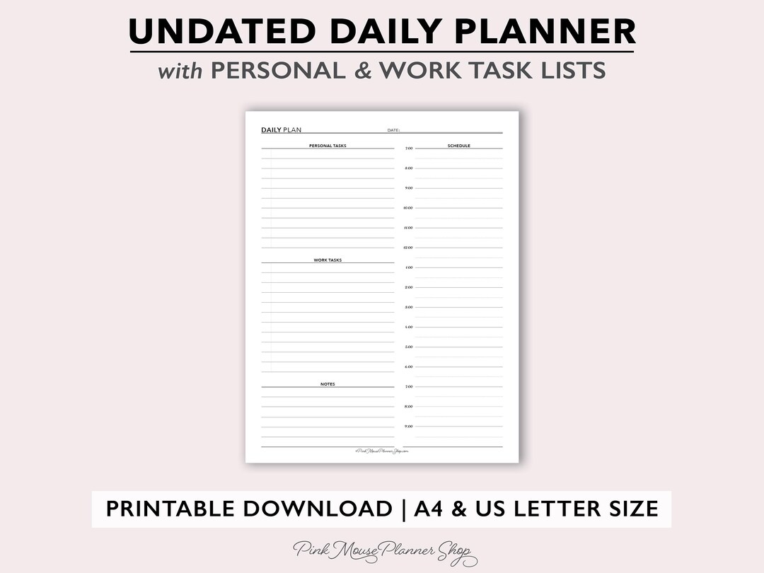 Daily Schedule With Work & Personal Task Lists, Day per Page Undated ...