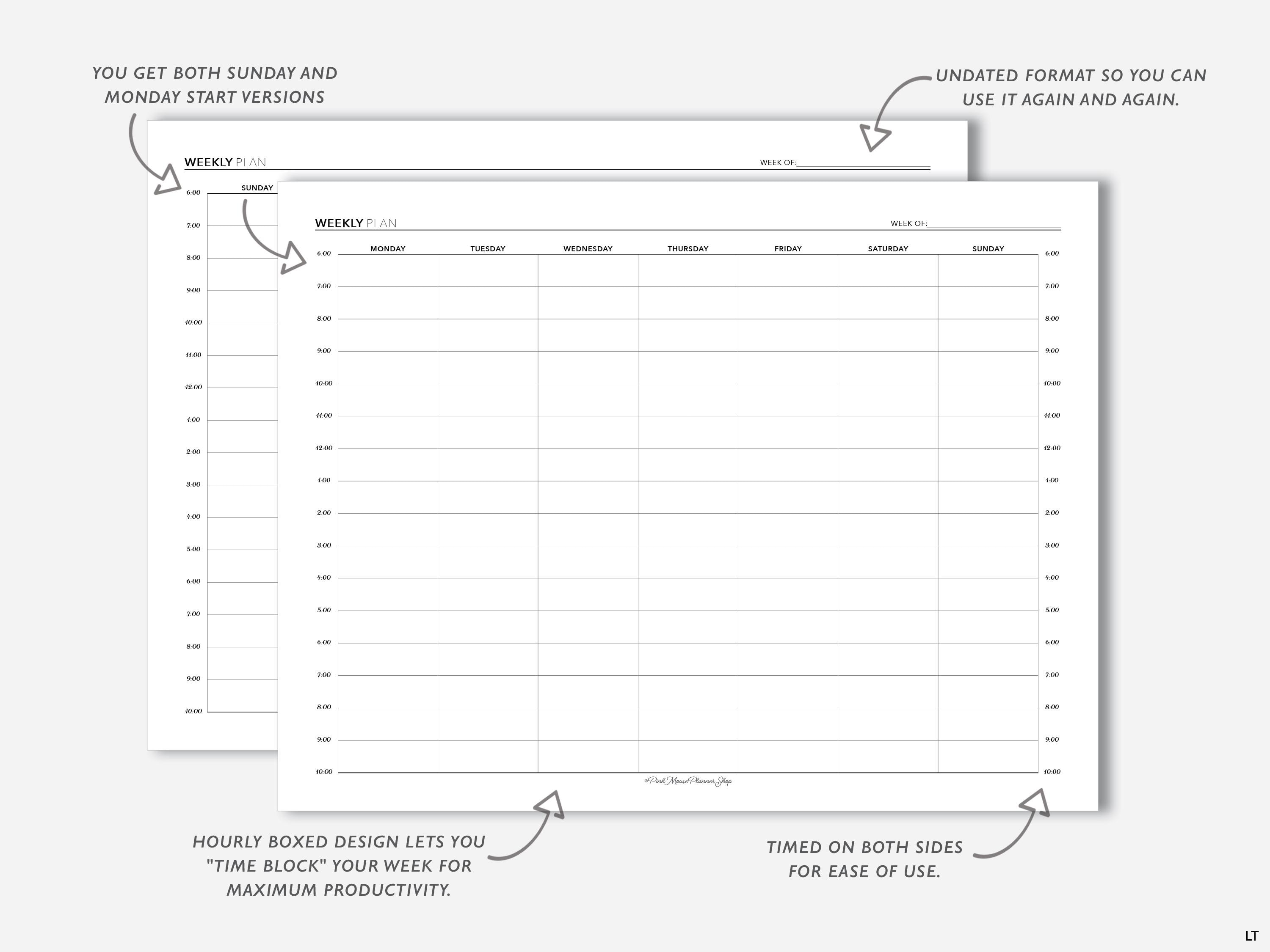 Undated Weekly Schedule Printable, Time Block Planner Insert, Hourly ...