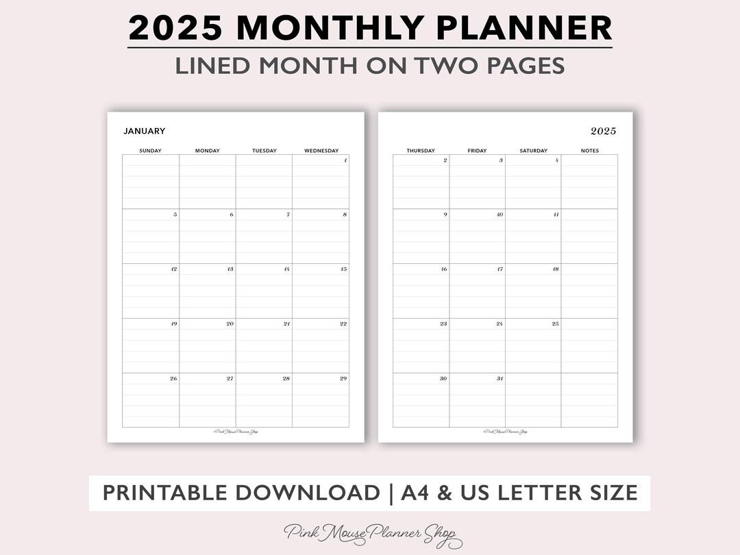 2025 Lined Monthly Printable Planner Inserts, Month on 2 Pages, Full ...