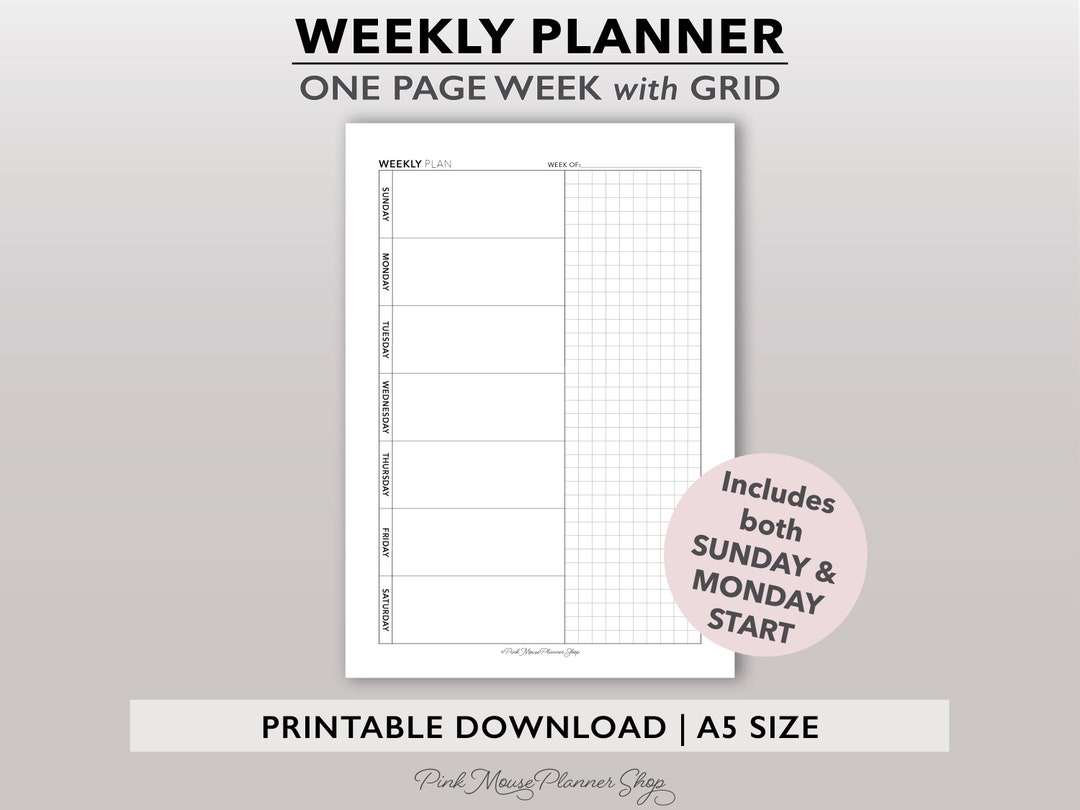 Weekly Planner Printable for A5 Planners, Week on One Page Planner ...