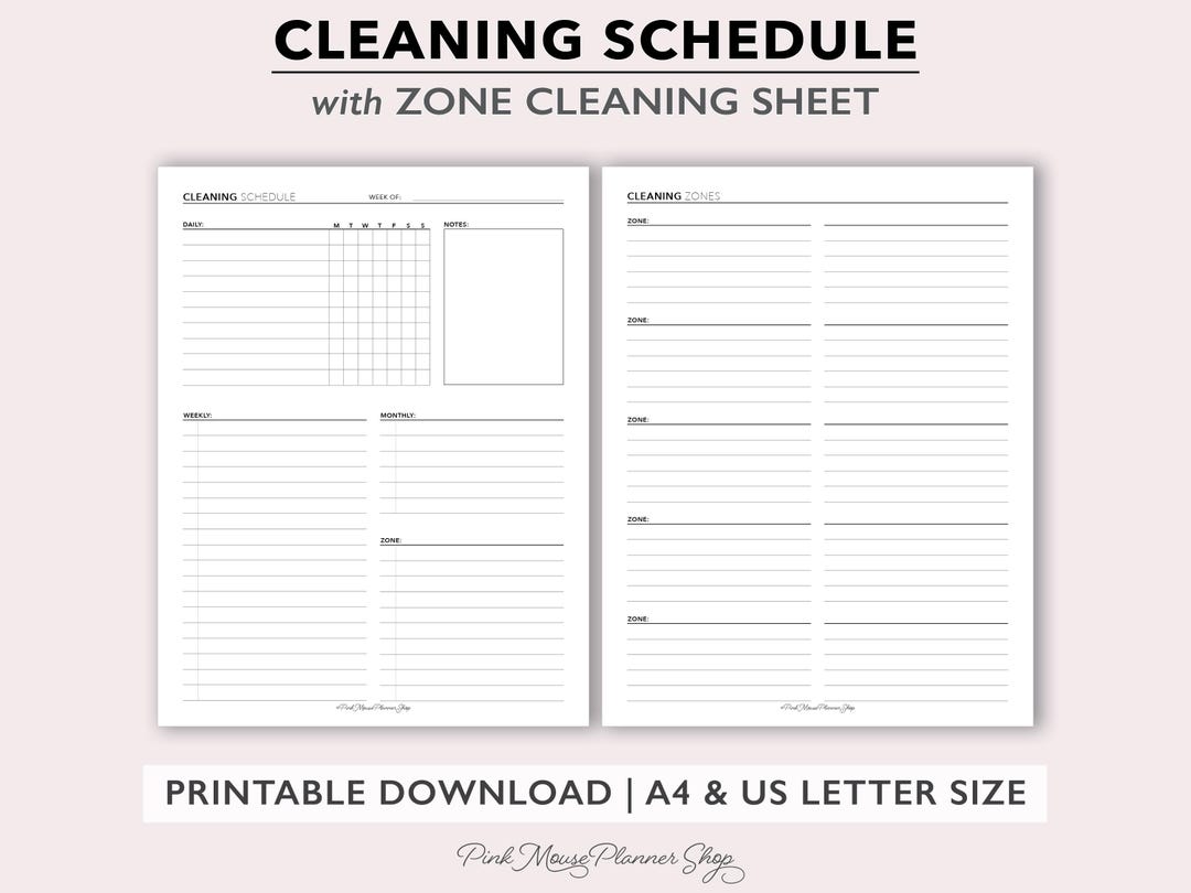 A4 / U.S. Letter Size Cleaning Schedule Printable, Zone Cleaning ...