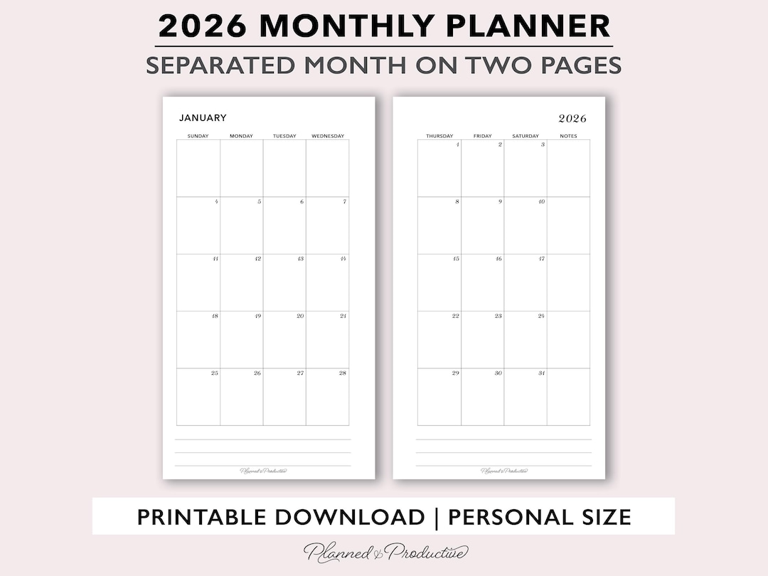 2026 Printable Monthly Planner Inserts, Monthly Calendar Template, Two ...