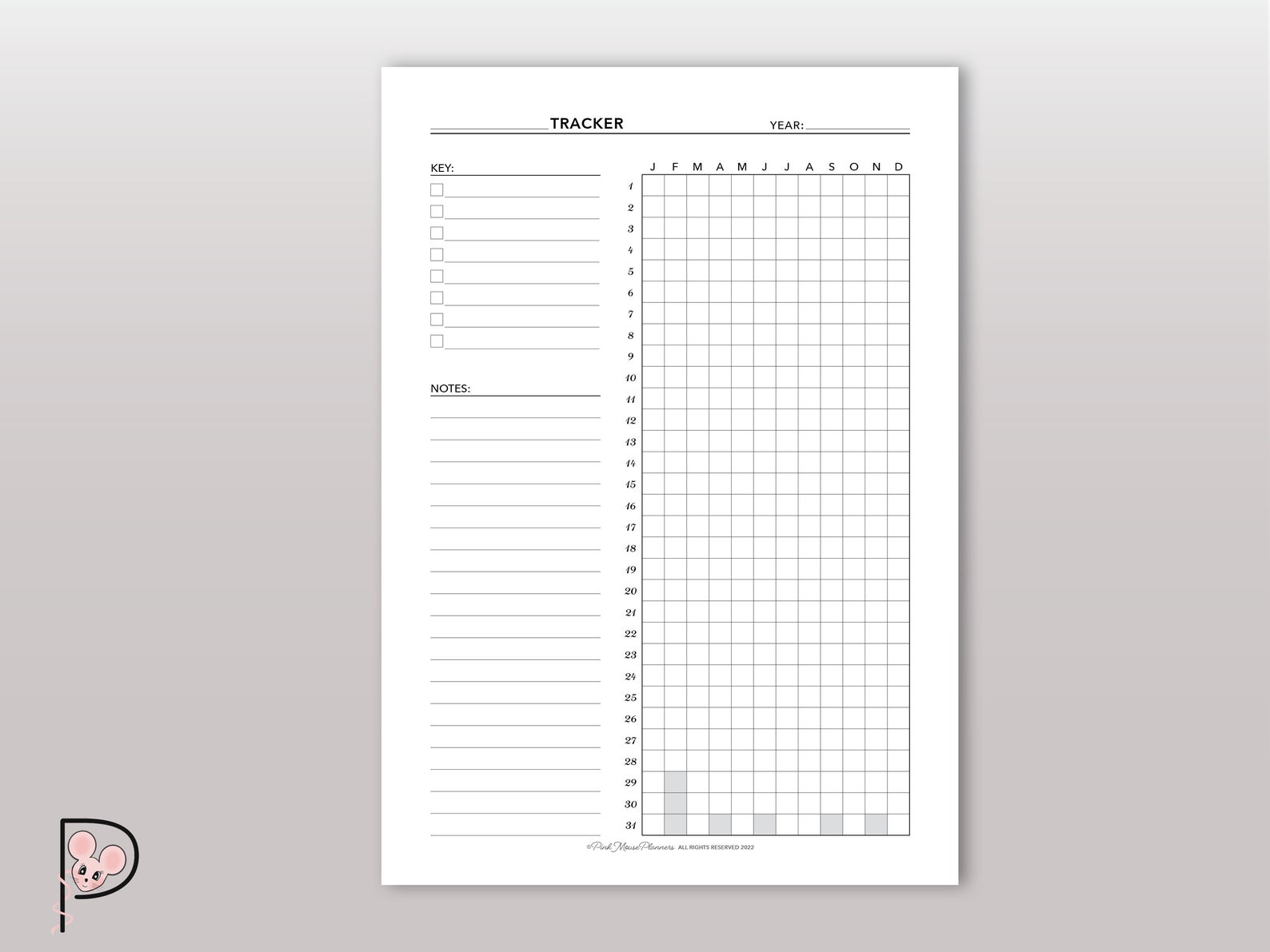 Vertical Yearly Tracker, Printable Planner Insert, Yearly Mood Tracker ...