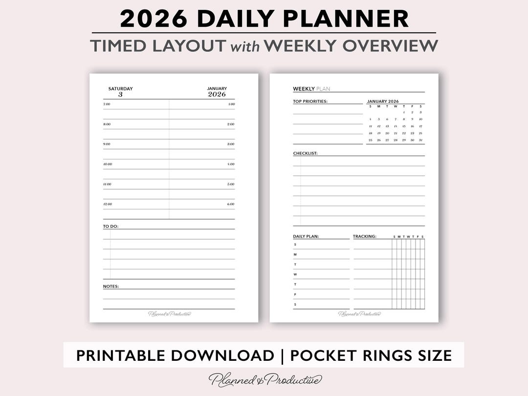 2026 Daily Timed Planner Printable W/ Weekly Overview, Pocket Size ...