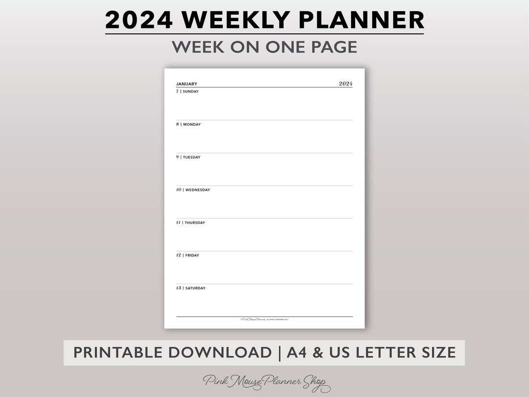 2024 Weekly Planner Printable, Week on One Page Dated Agenda for A4 ...