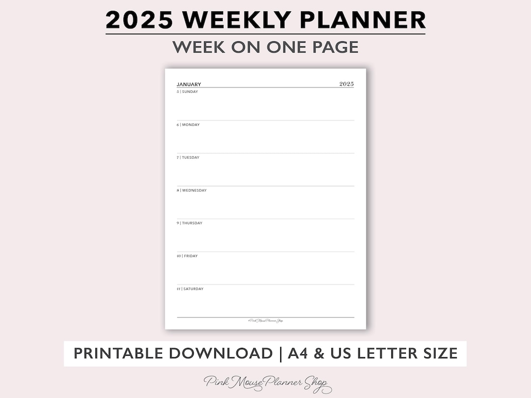 2025 Weekly Planner Printable, Week on One Page Dated Agenda for A4 ...