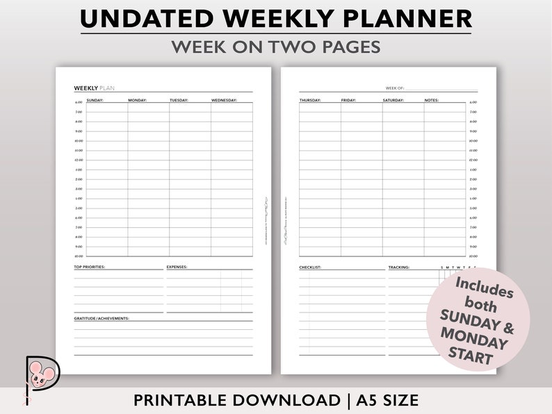 Weekly Planner Printable, Hourly Planner Insert, 2 Page Vertical Weekly ...