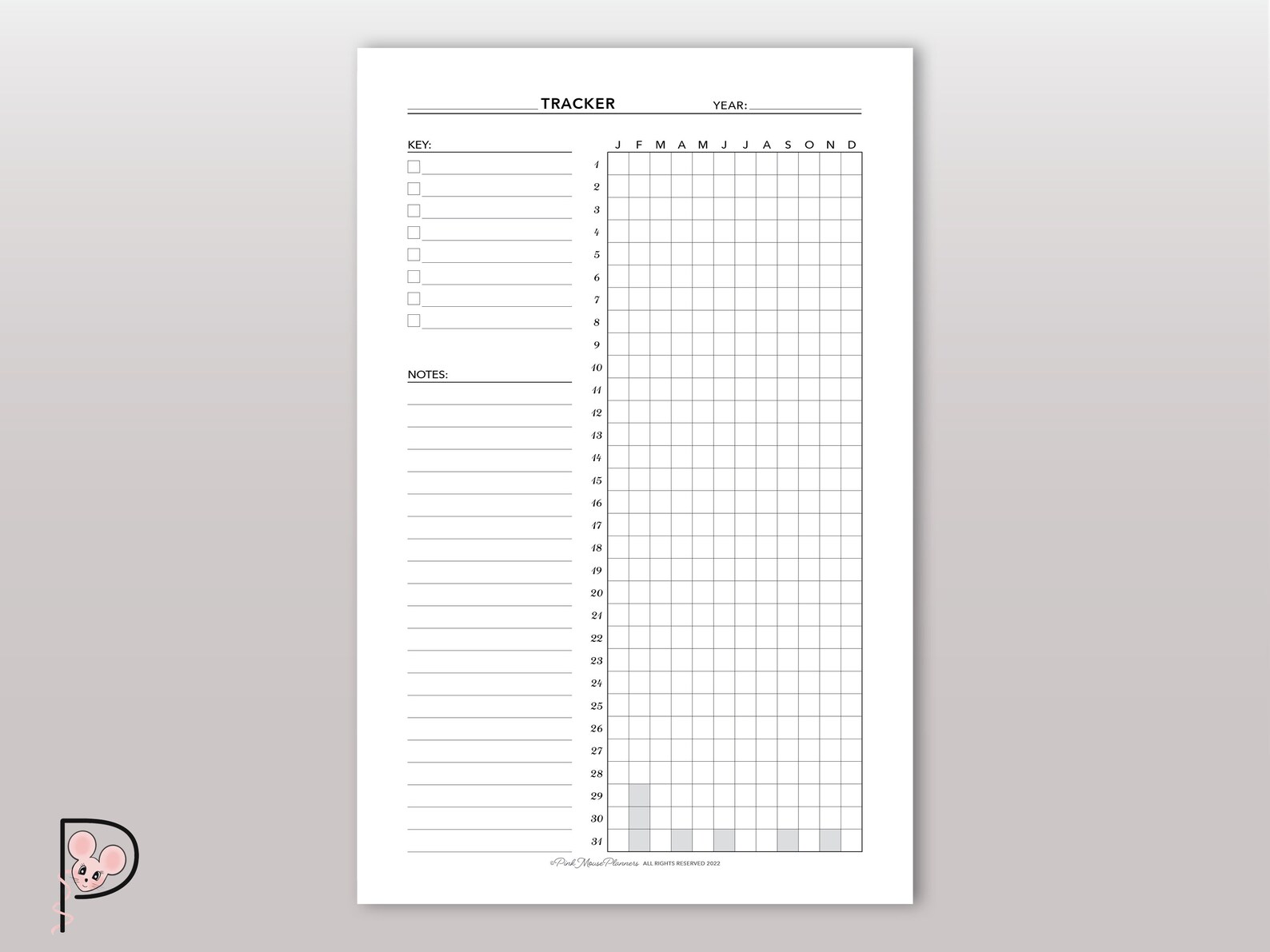 Vertical Yearly Tracker, Printable Planner Insert, Yearly Mood Tracker ...