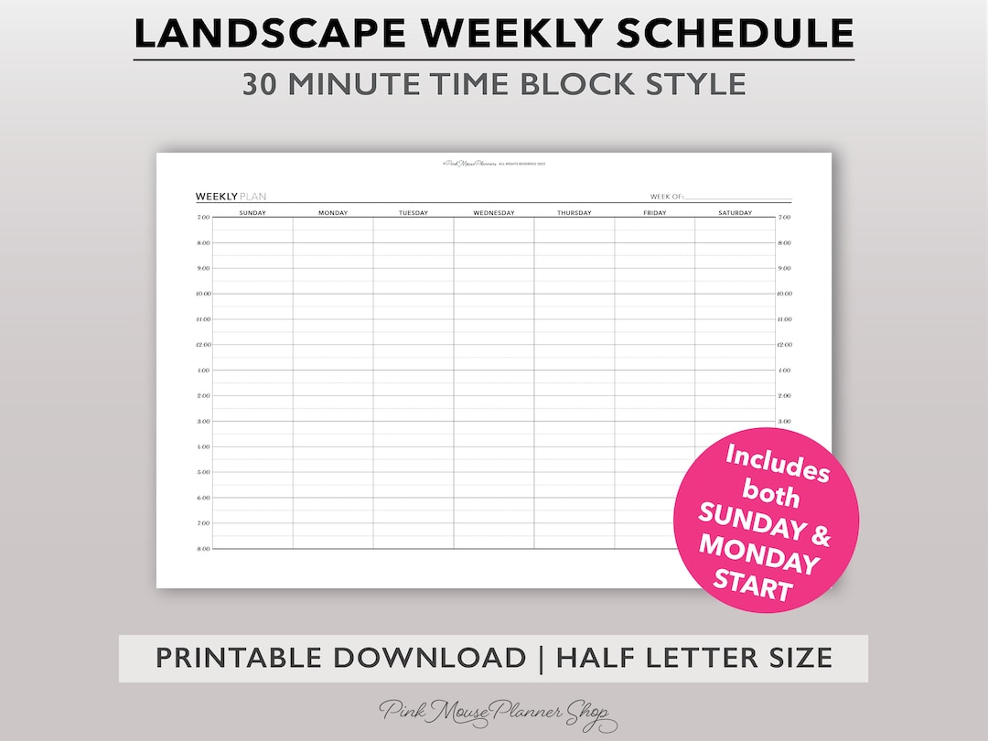 30 Minute Weekly Schedule Printable, Time Block Planner Insert, Hourly ...
