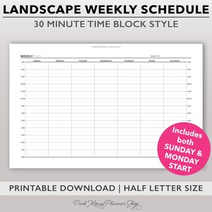 30 Minute Weekly Schedule Printable, Time Block Planner Insert, Hourly ...