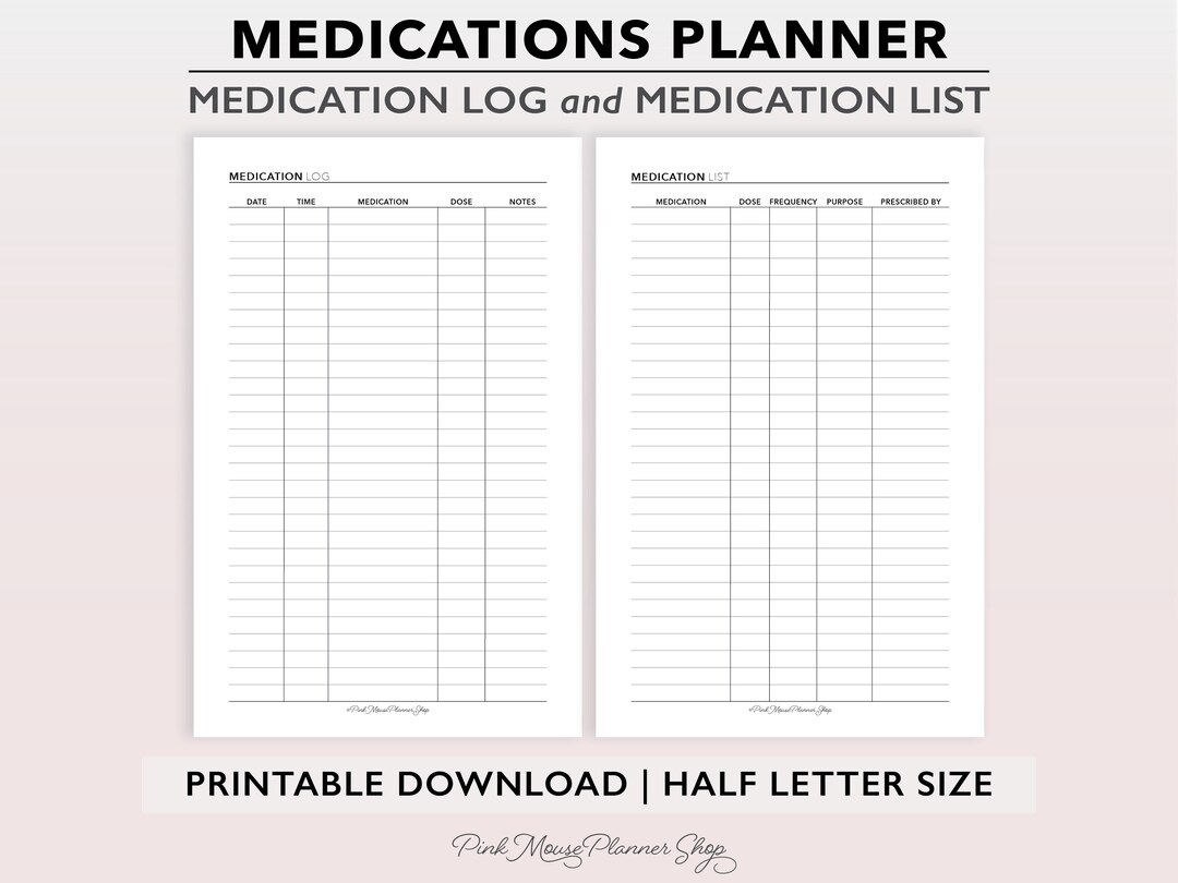 Printable Medication Log, Medication List Template, Half Size Meds List ...