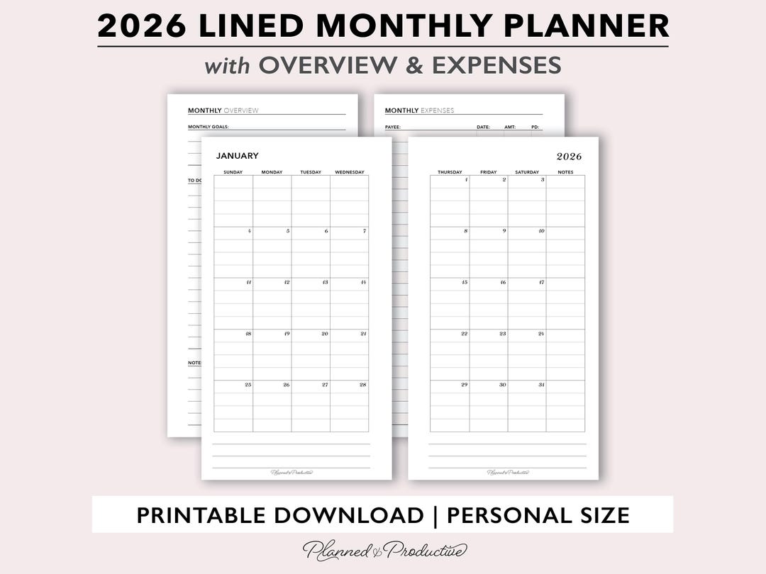 2026 Lined Monthly Printable Planner Inserts, Month on 2 Pages W ...