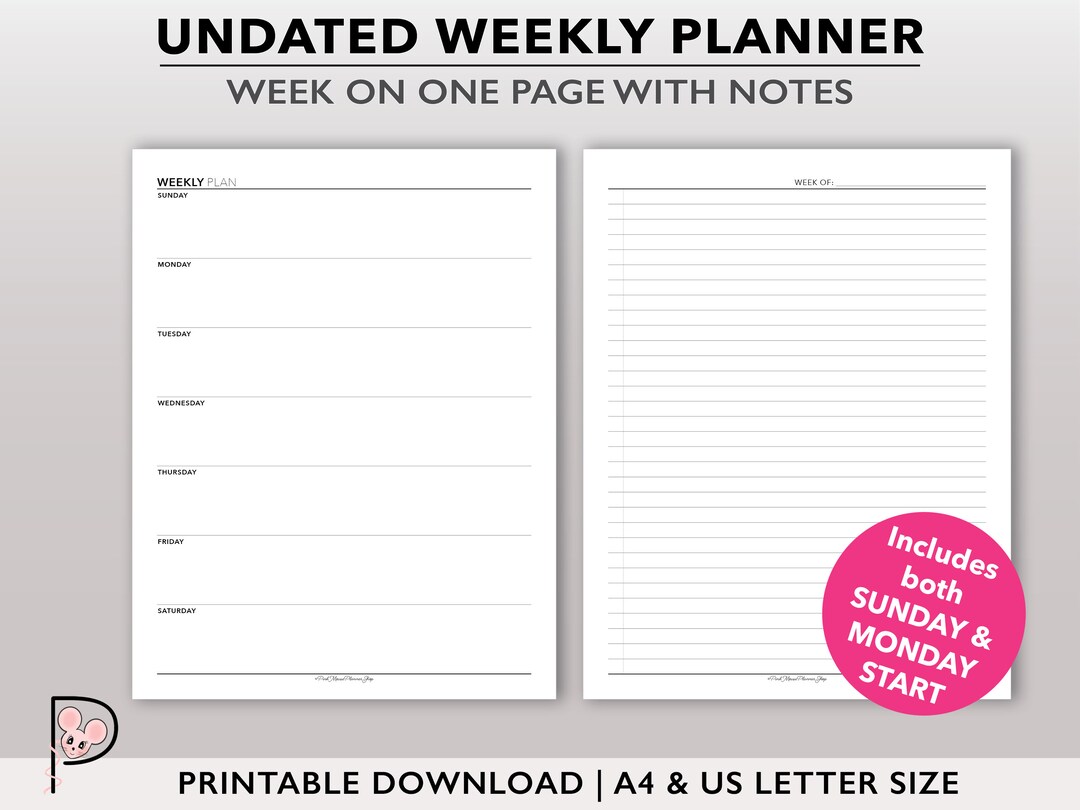 Undated Weekly Planner Printable, 2 Page per Week, WO2P Weekly ...