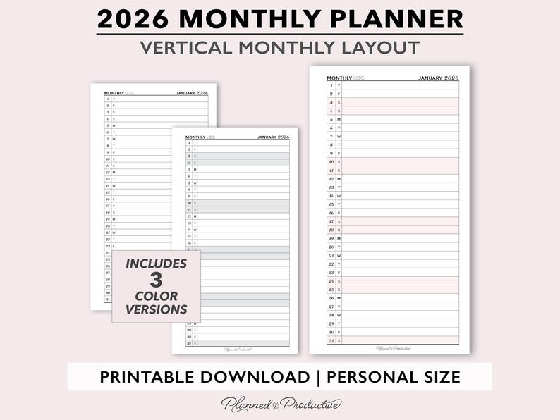 2026 Vertical Monthly Printable Planner Inserts, Vertical Calendar Page ...