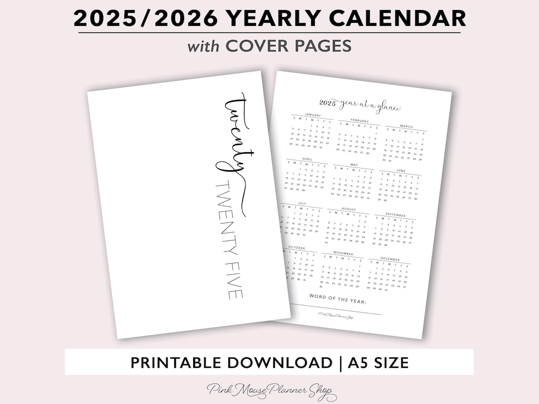 2025 | 2026 Yearly Calendar & Cover Page Printable for A5 Size Planners ...