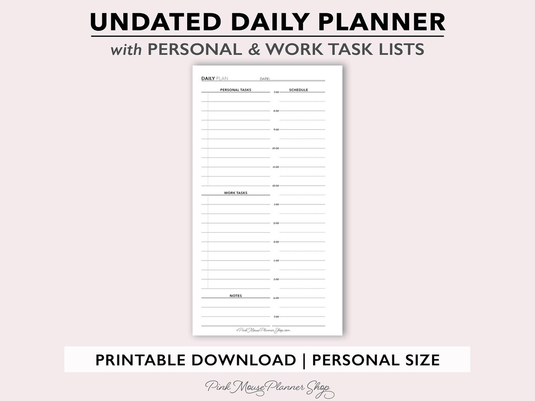 Daily Schedule With Work & Personal Task Lists, Day per Page Undated ...