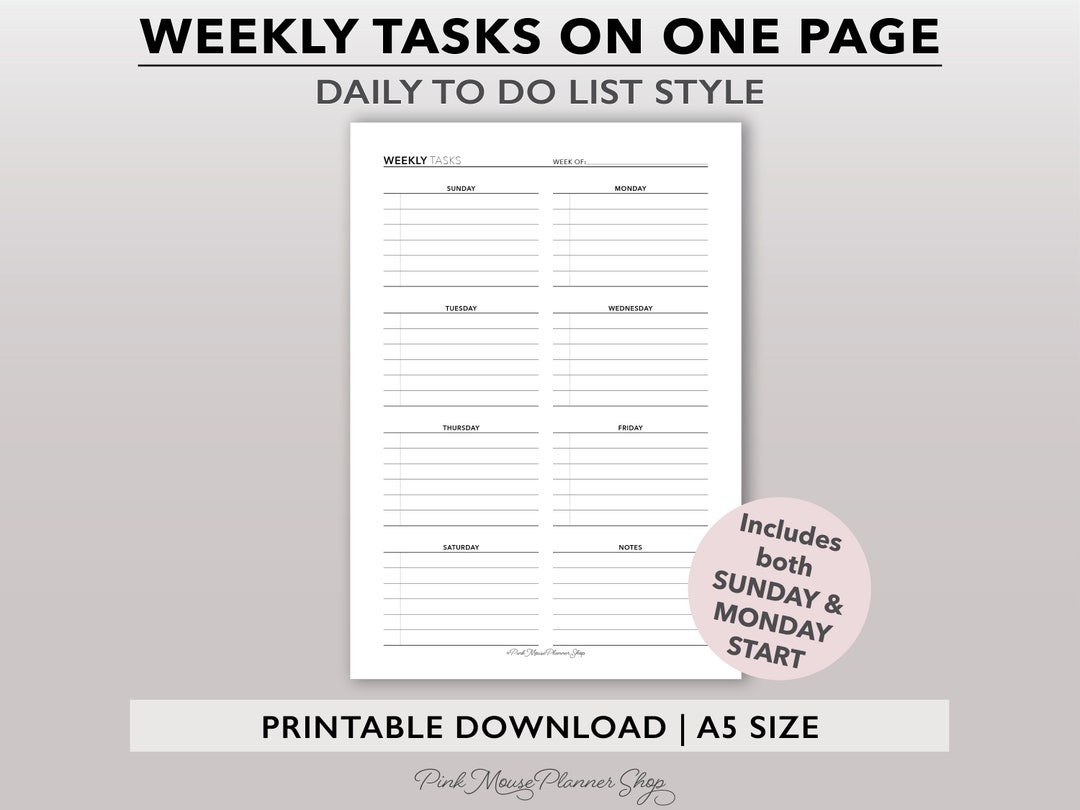 Printable One Page Weekly to Do List, Weekly Tasks, Daily Checklist ...