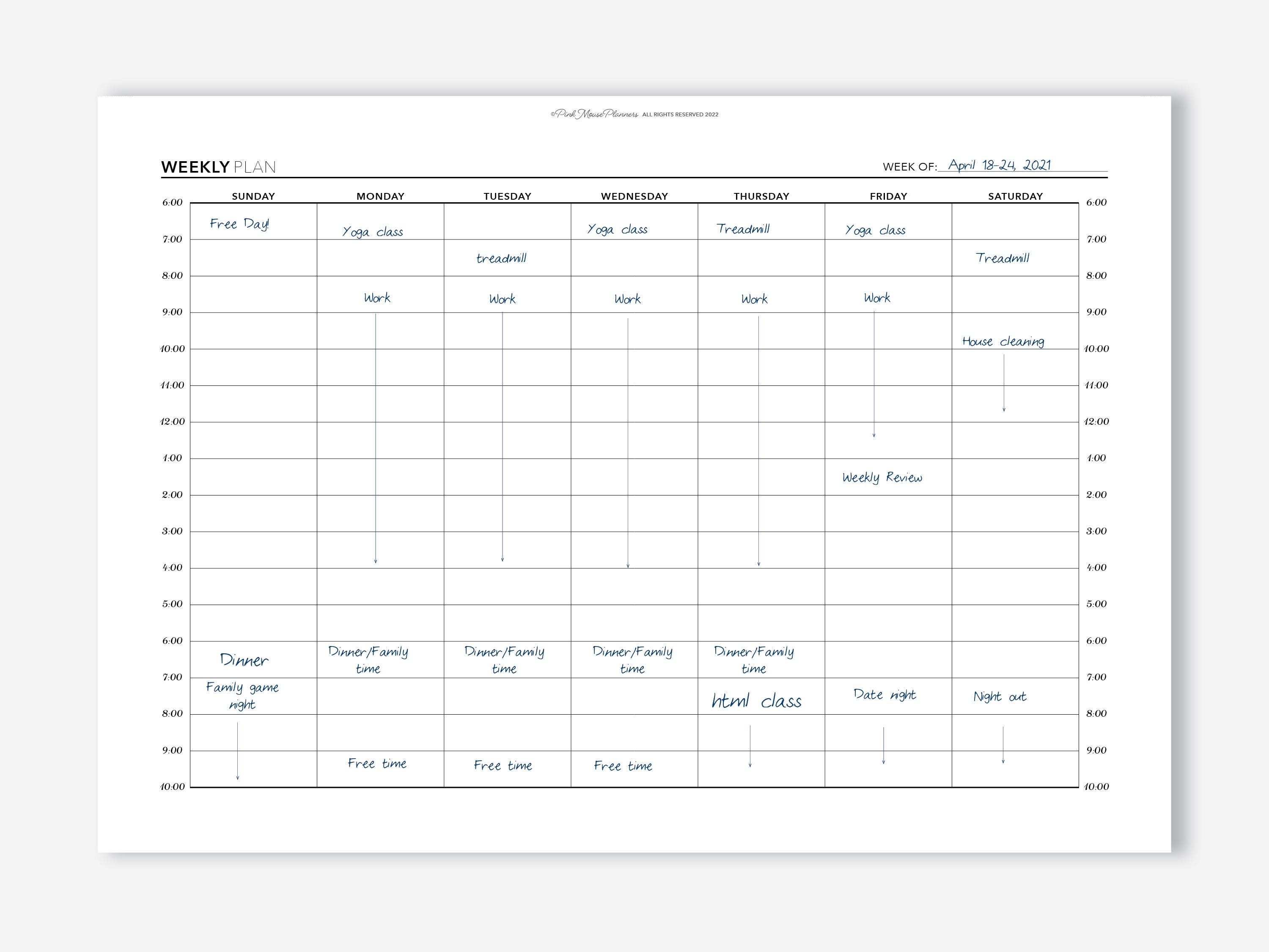 Undated Weekly Schedule Printable, Time Block Planner Insert, Hourly ...