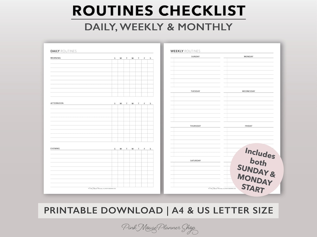 Routine Checklist Printable Planner Insert, Daily Routine Page, Weekly ...