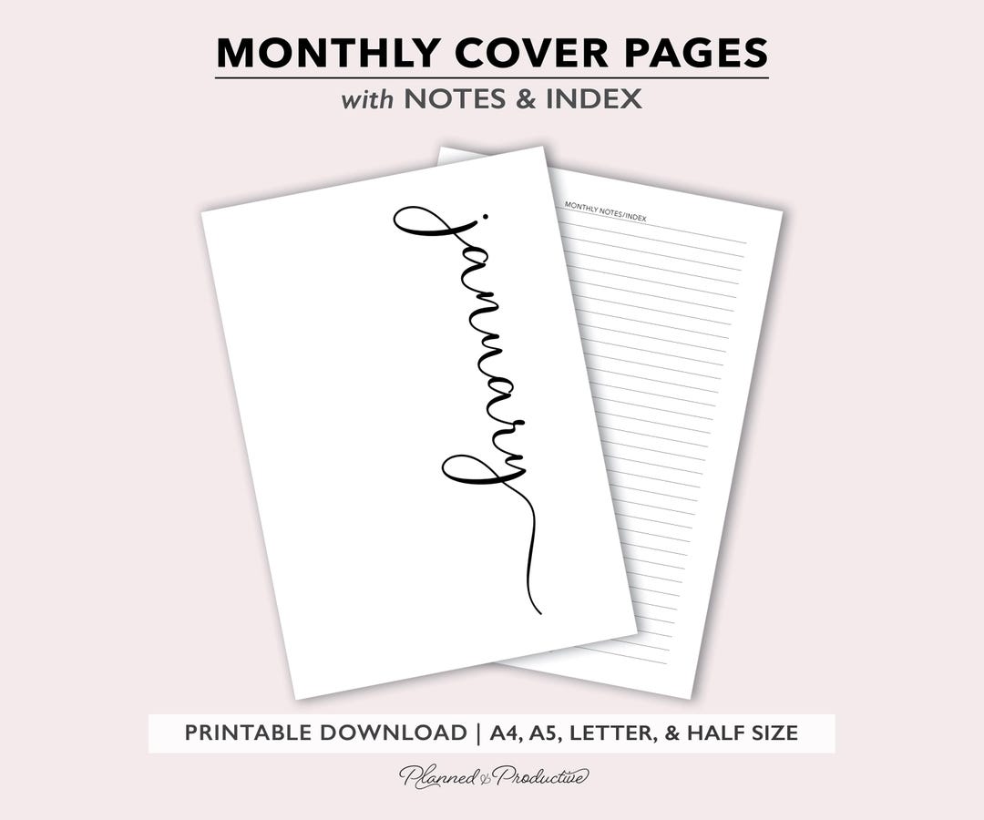 Elegant Script Monthly Cover Pages, Printable PDF Files for A4 | A5 ...